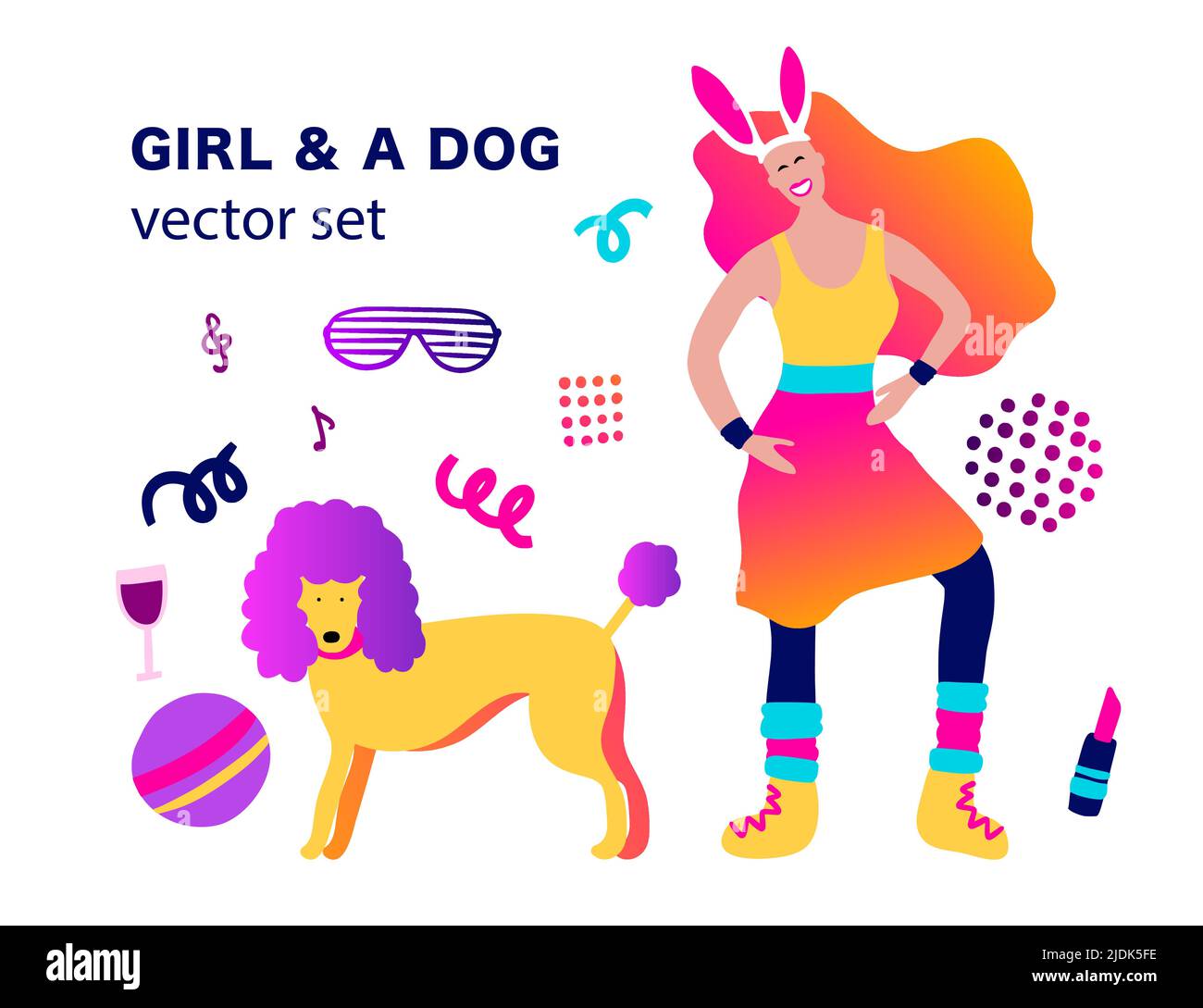 Kidult prank girl and a dog vector character set. Man and woman pajama ...