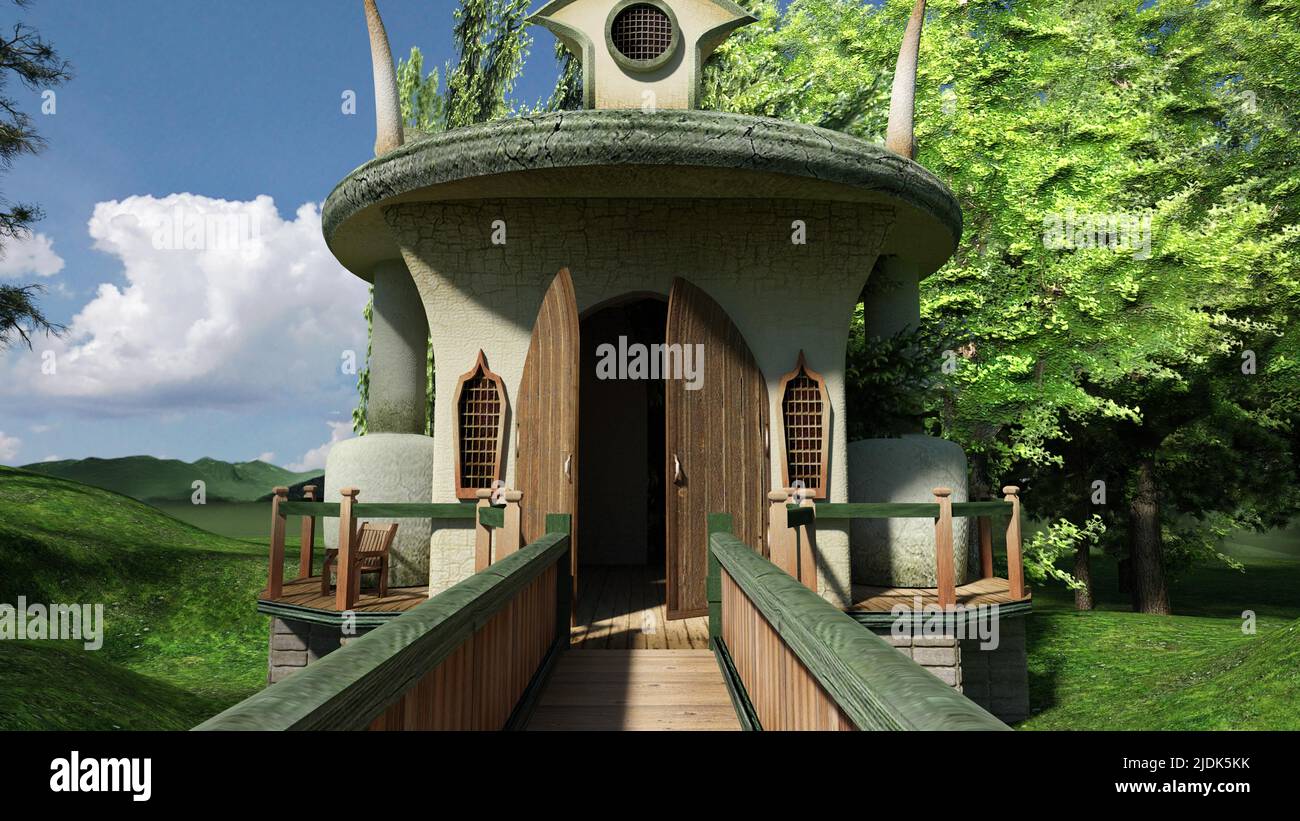 3d-illustration of an beautiful elven village panorama Stock Photo - Alamy