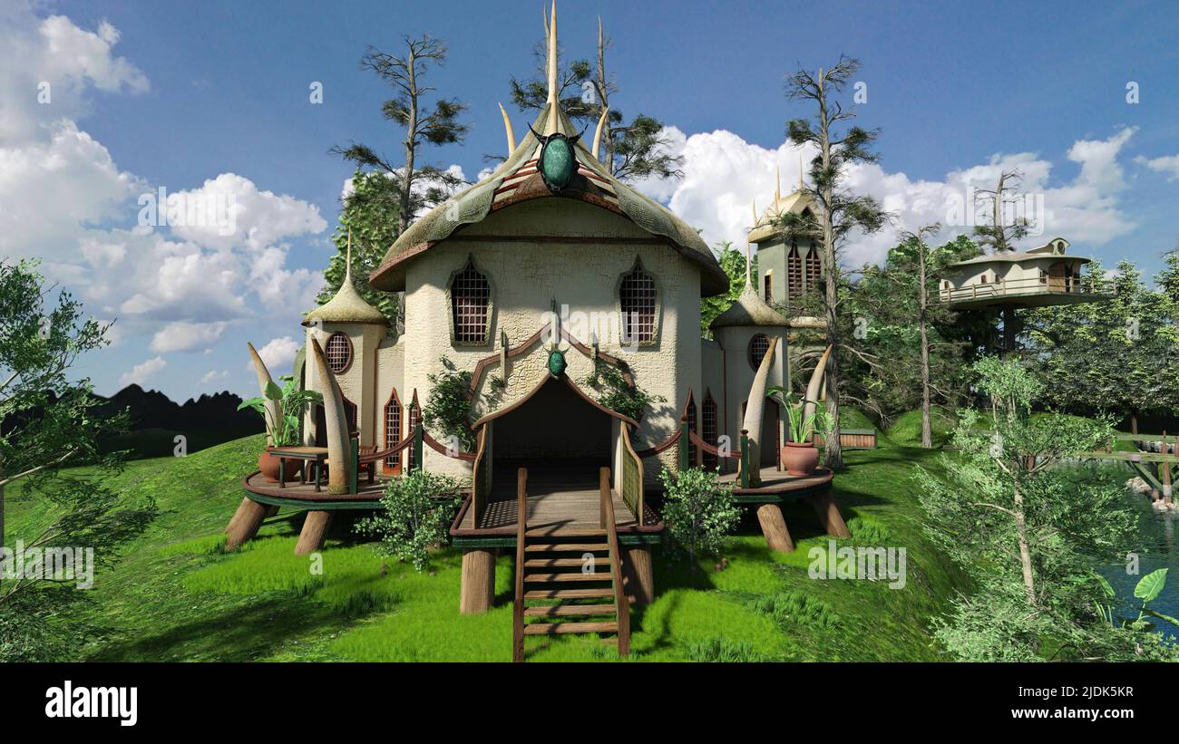 3d-illustration of an beautiful elven village panorama Stock Photo - Alamy