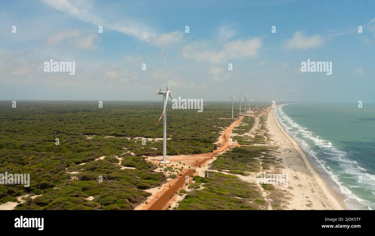 Wind turbines for electric power production on the seashore. Wind power ...