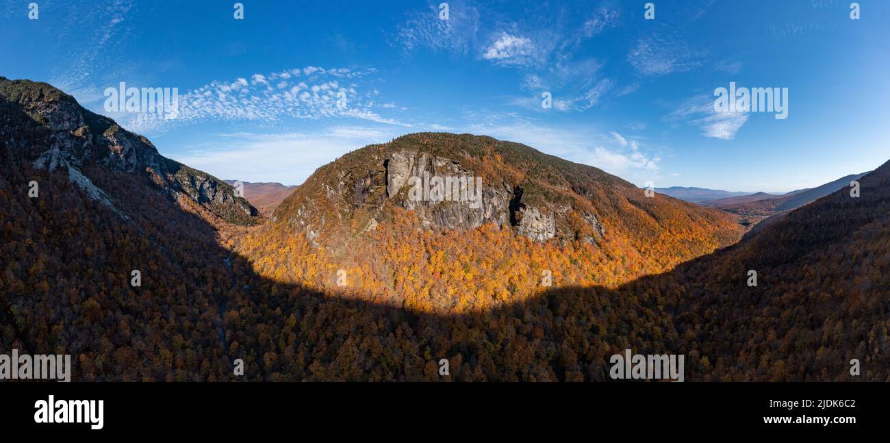 Panoramic view of peak fall foliage in Smugglers Notch, Vermont Stock ...