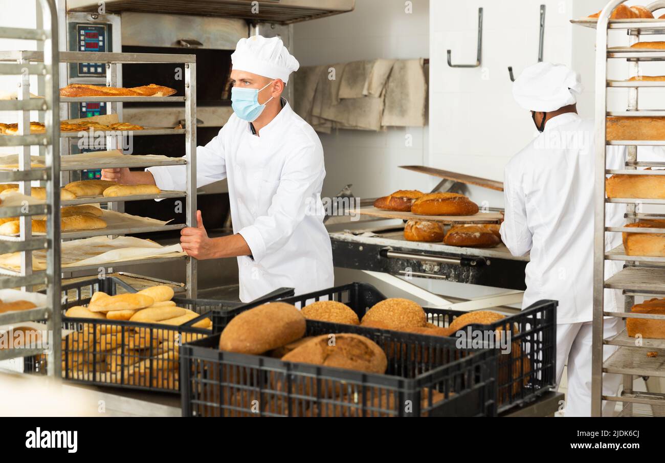 men in chefs uniform with bread in shovel and trolley in bakehouse ...