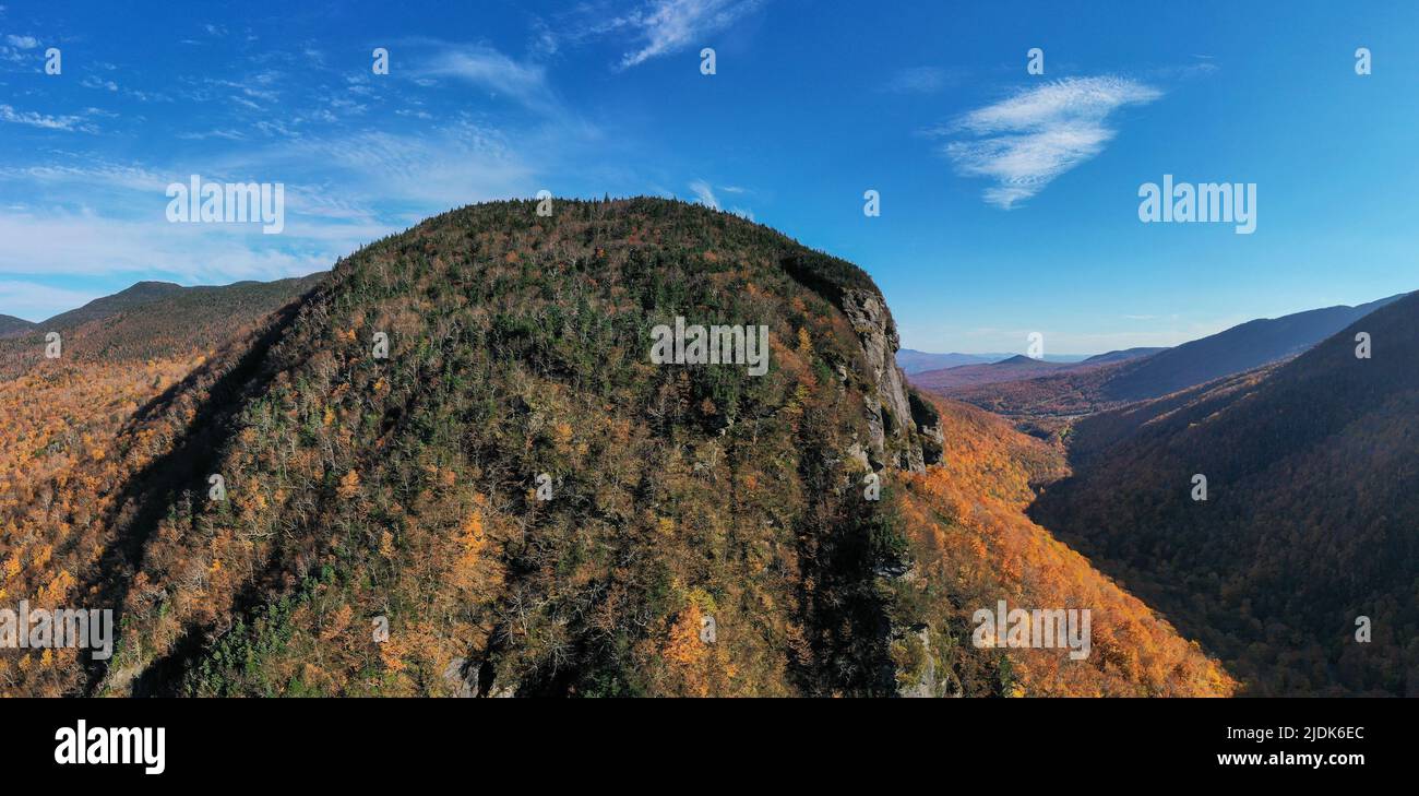 Panoramic view of peak fall foliage in Smugglers Notch, Vermont Stock ...