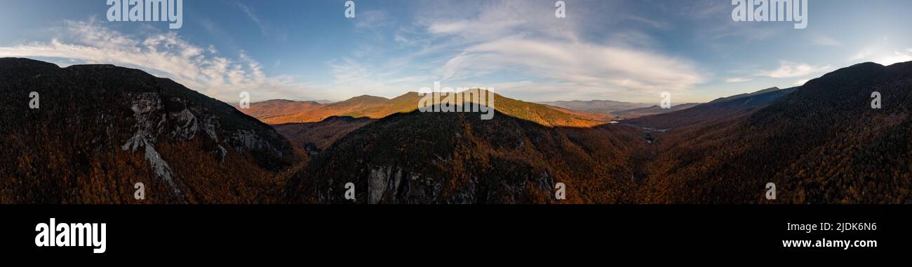 Panoramic view of peak fall foliage in Smugglers Notch, Vermont Stock ...