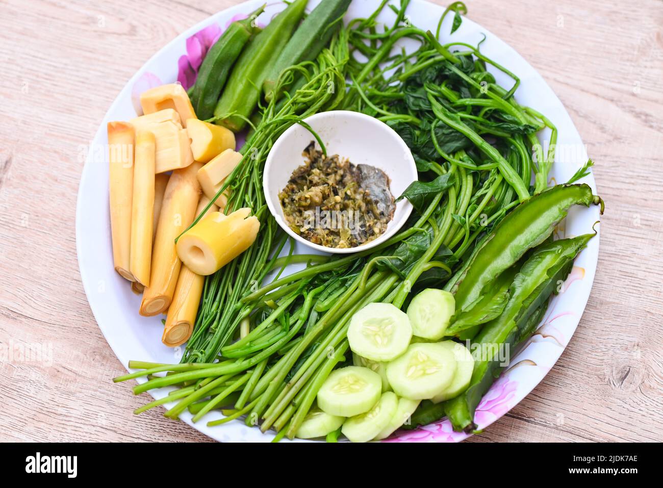 Steamed Vegetables On Plate And Wooden Background Asian Thai Food With Steamed Or Boiled