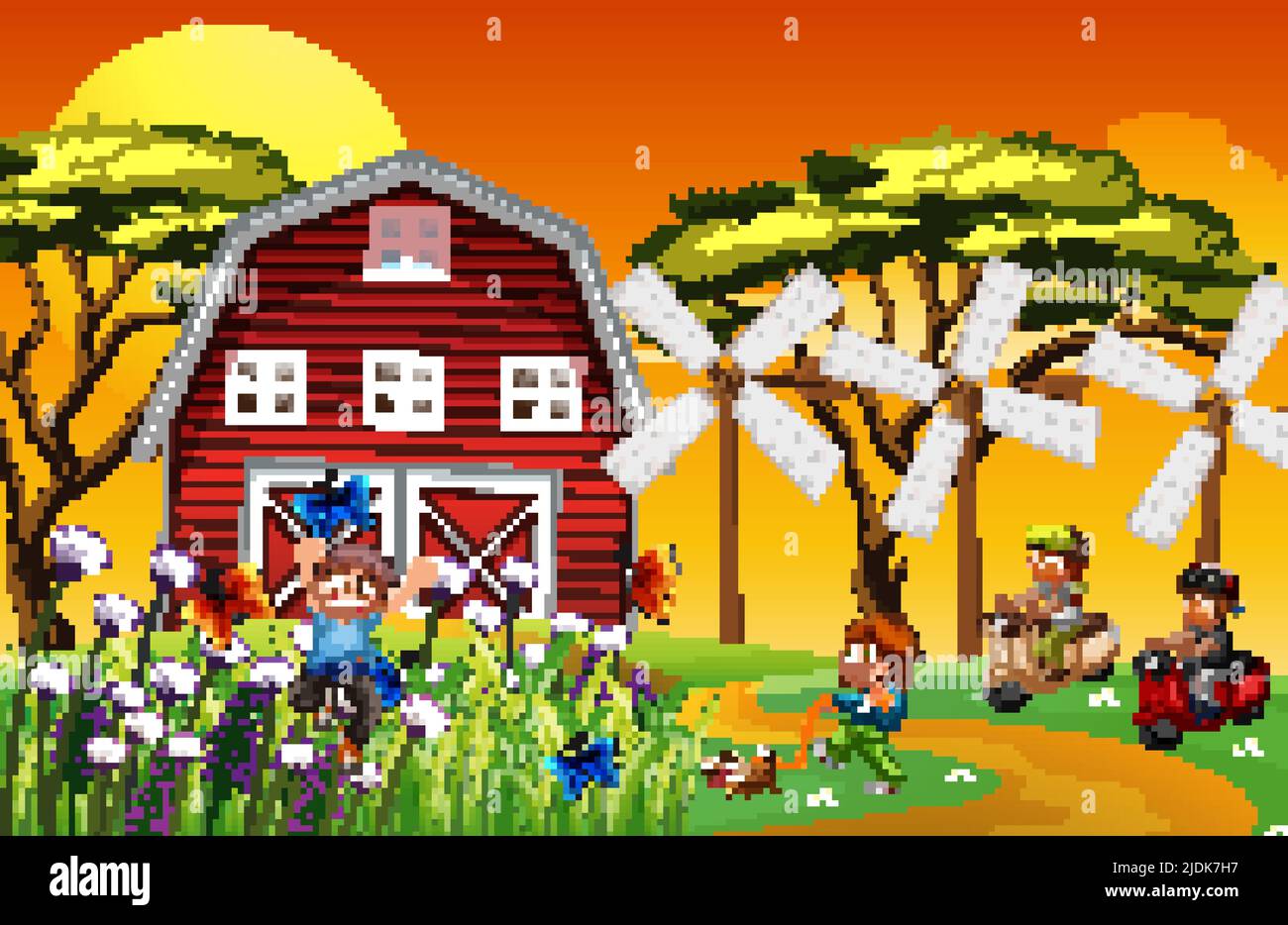 Happy kids in farm landscape illustration Stock Vector Image & Art - Alamy