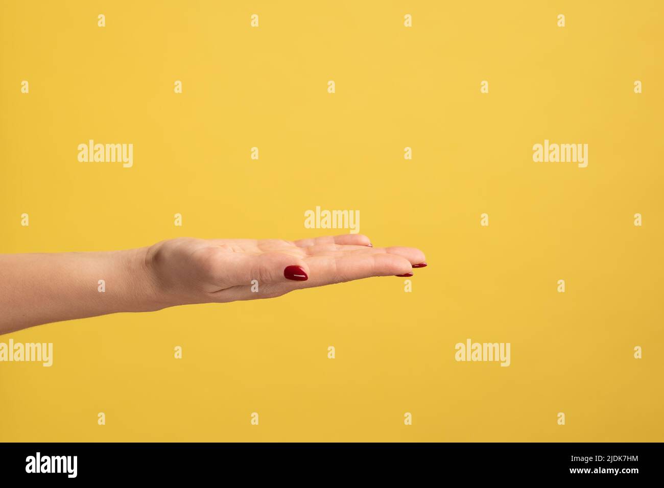 Closeup side view profile portrait of woman hand showing empty space on ...
