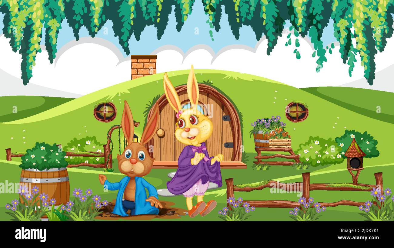 Rabbit at the hobbit house illustration Stock Vector Image & Art - Alamy