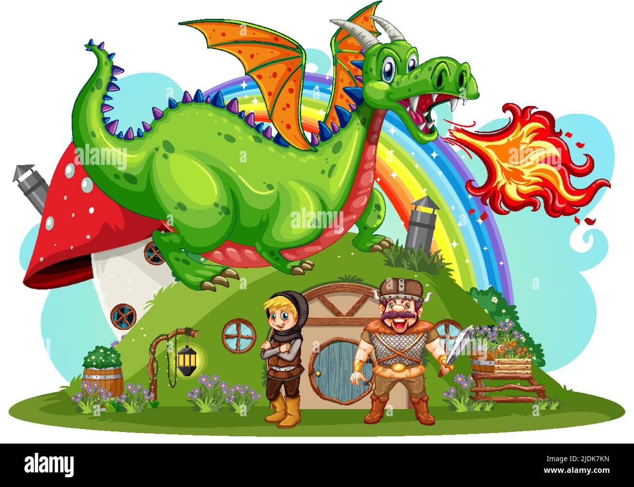 Medieval cartoon character at hobbit house on white background ...