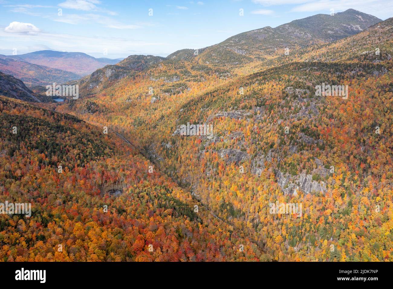 Aerial view of peak fall foliage in Keene, New York in upstate New York ...