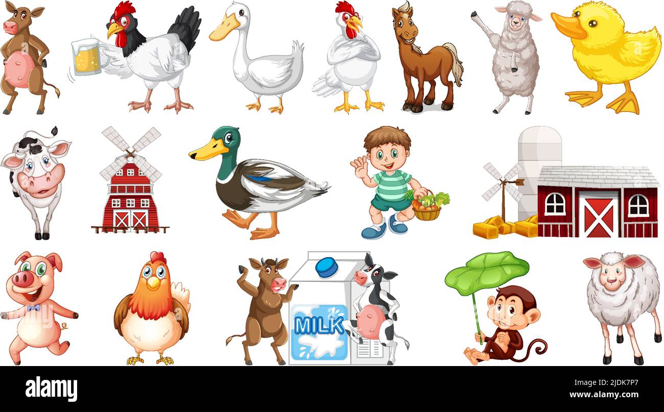Many farm animals on white background illustration Stock Vector Image ...