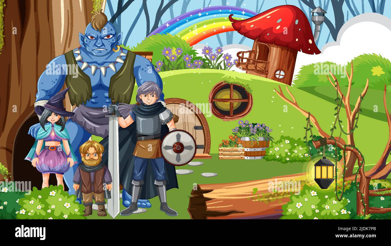 Enchanted scene with medieval cartoon characters illustration Stock ...