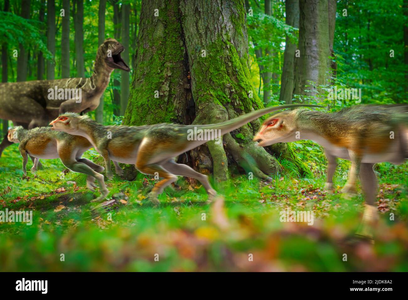Dyrosaurus dinosaurs running from a predator, illustration Stock Photo ...