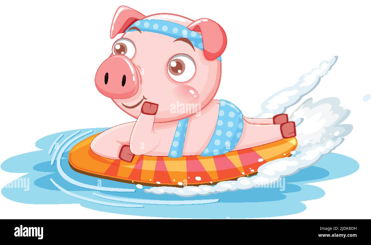 Cute pig cartoon character wearing bikini surfing illustration Stock ...
