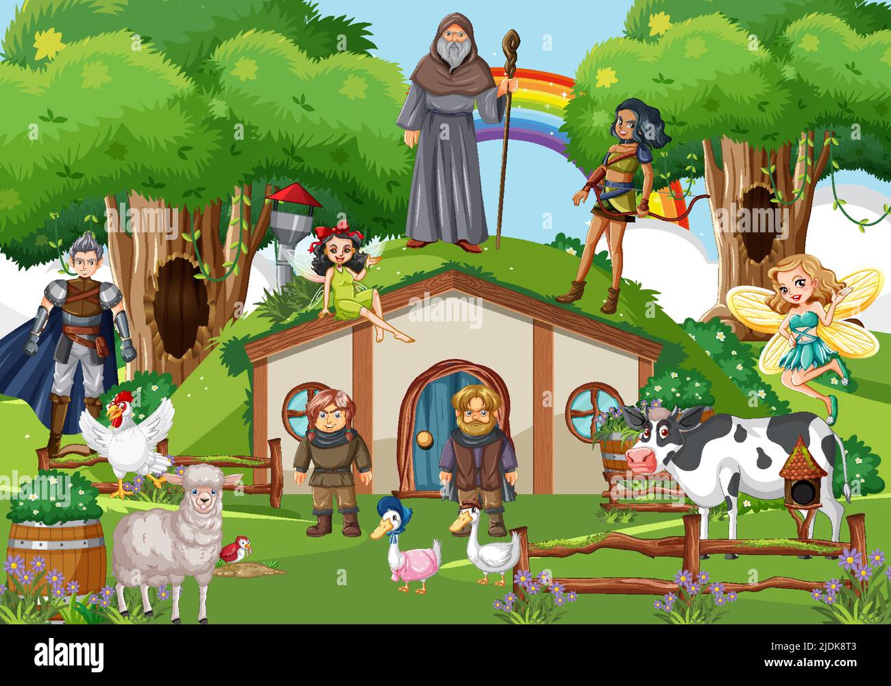 Enchanted scene with medieval cartoon characters illustration Stock ...