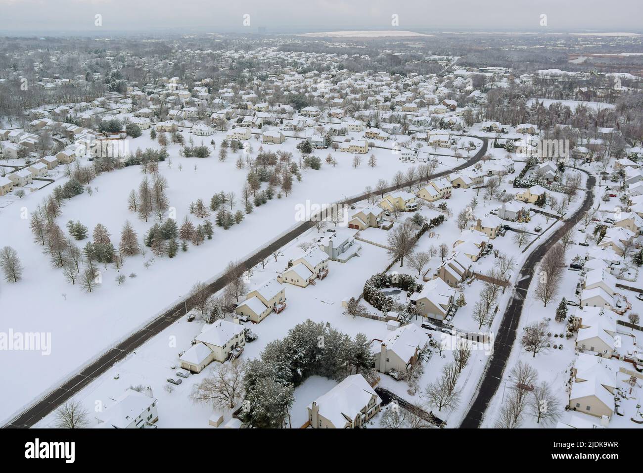 American small town hometown of aerial view after severe winter ...