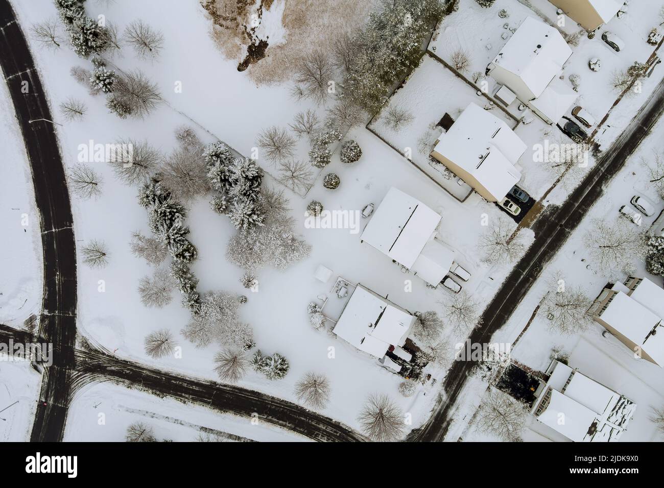 Aerial view of small town hometown after severe winter snowfall Stock ...