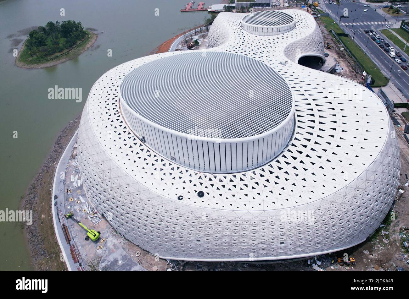 HANGZHOU, CHINA - JUNE 22, 2022 - An aerial view of the completed facade of the Hangzhou Jinsha ...