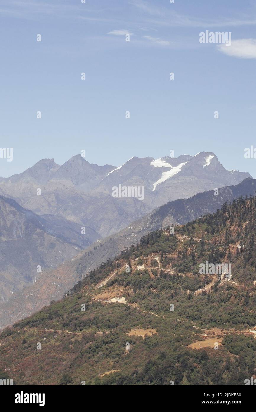 alpine valley and snowcapped himalaya range in tawang, arunachal ...