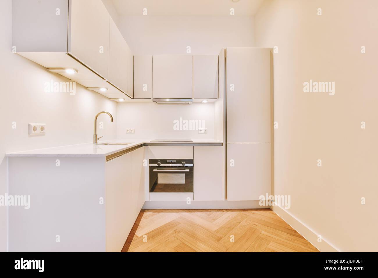 Interior of empty white kitchen with backlights and wooden parquet ...