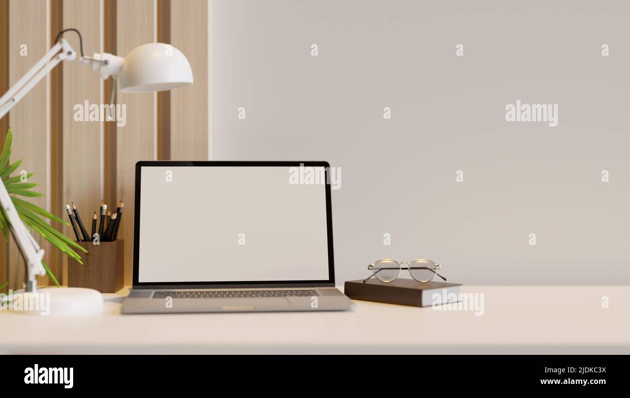 Minimal white and wood workspace interior design with notebook laptop ...