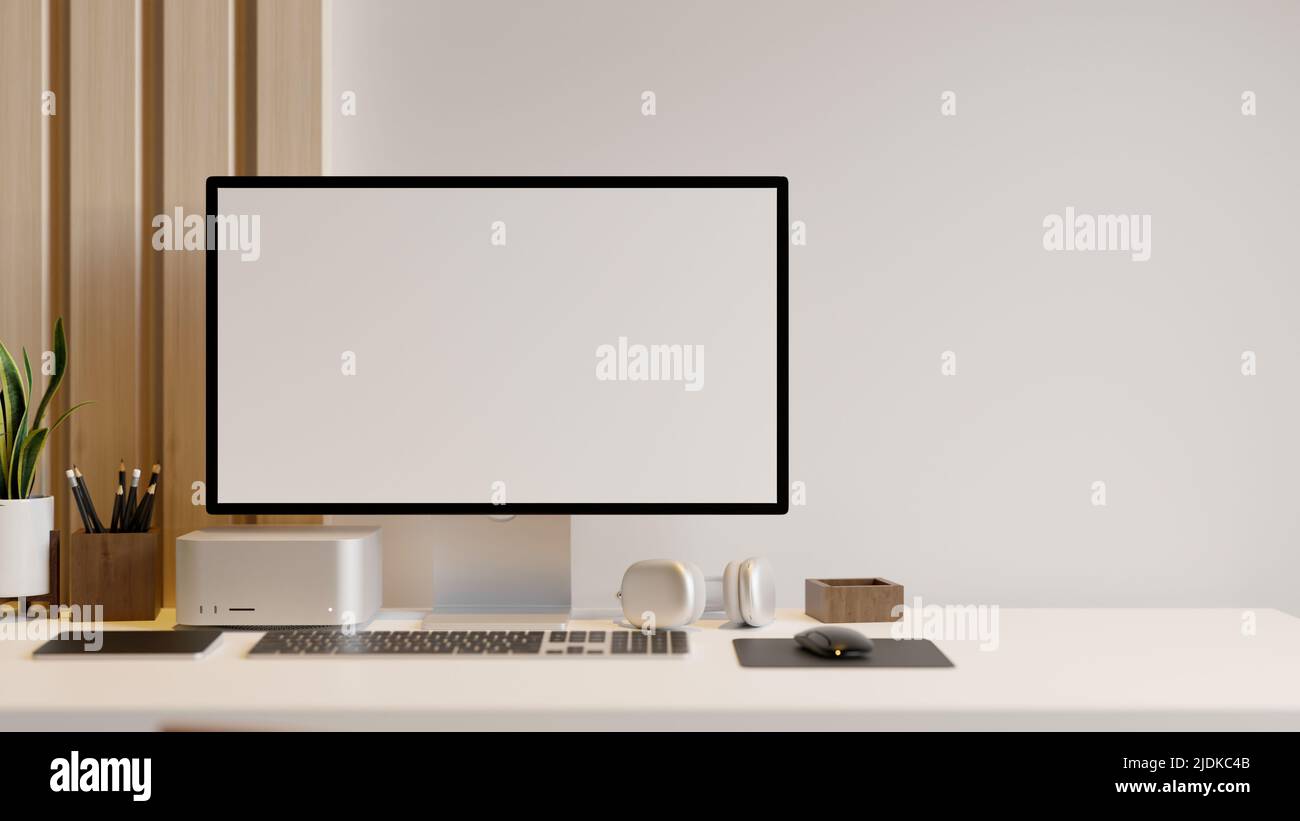 Minimal stylish modern workspace with PC computer blank desktop mockup ...