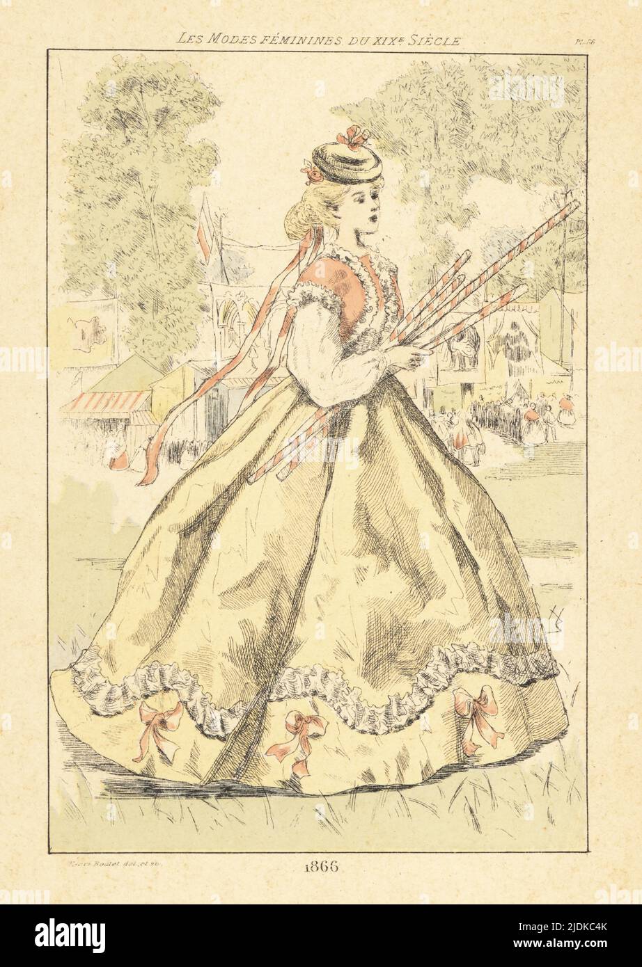 Fashionable lady at a fete or fair, Paris, 1866. She wears a hat, fur ...