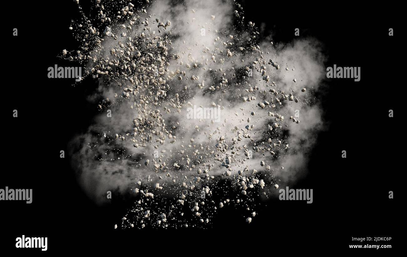 flying debris with dust on black background Stock Photo - Alamy