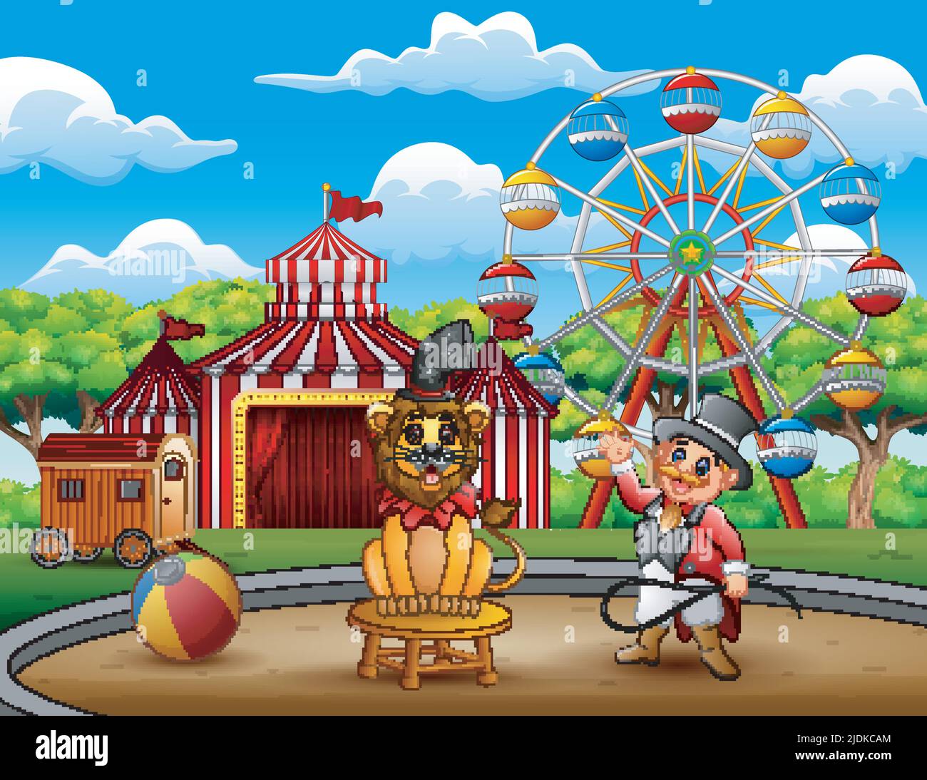 Cartoon ringmaster and a lion in the circus arena Stock Vector Image ...