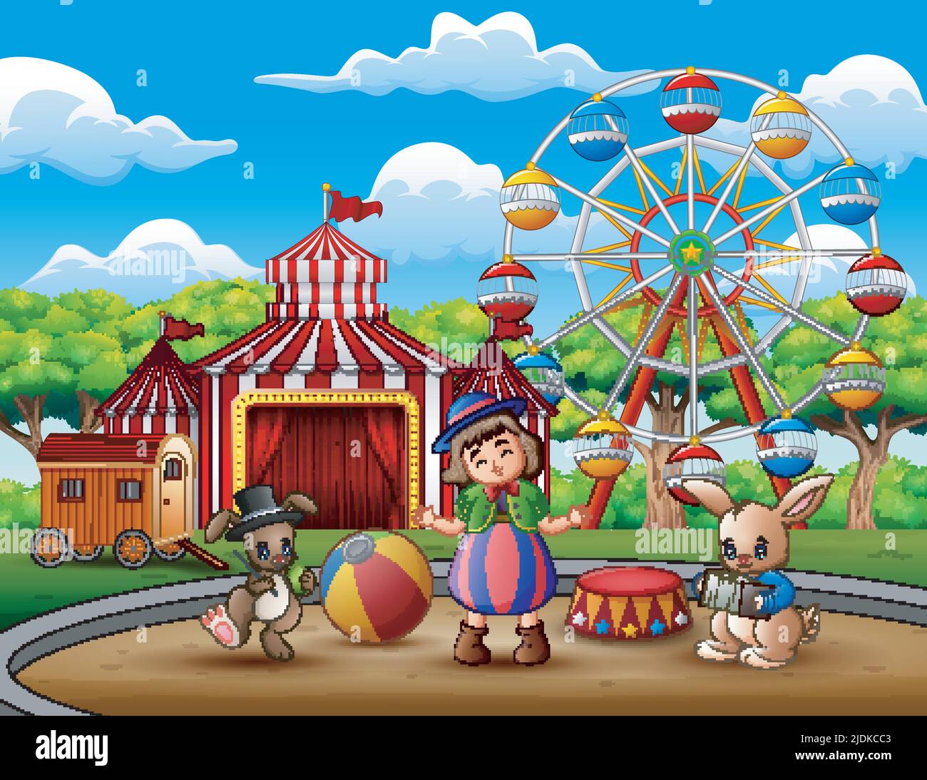 Happy girl in costume with a rabbits circus in the arena Stock Vector ...