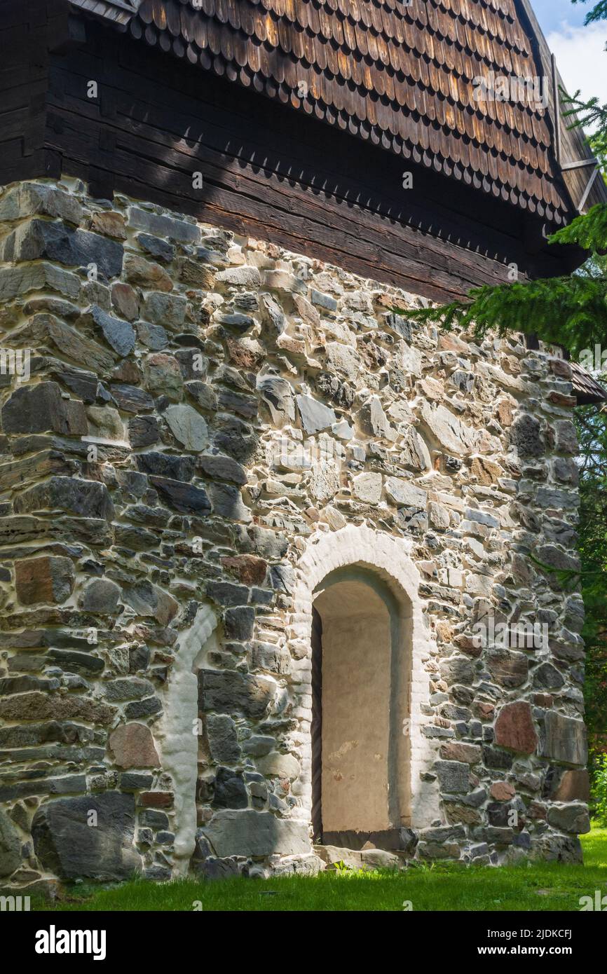 Old medieval stone church with tarred shingle roof in Messukylä Tampere ...