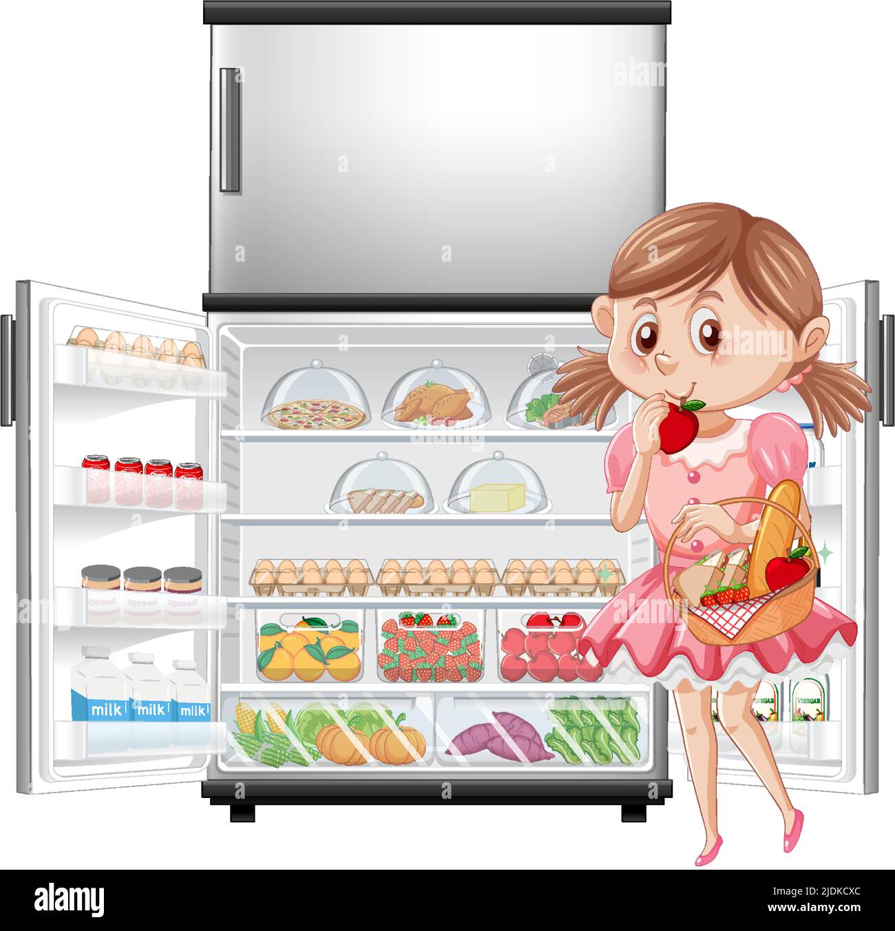Hungry girl enjoy eating in front of refrigerator illustration Stock ...