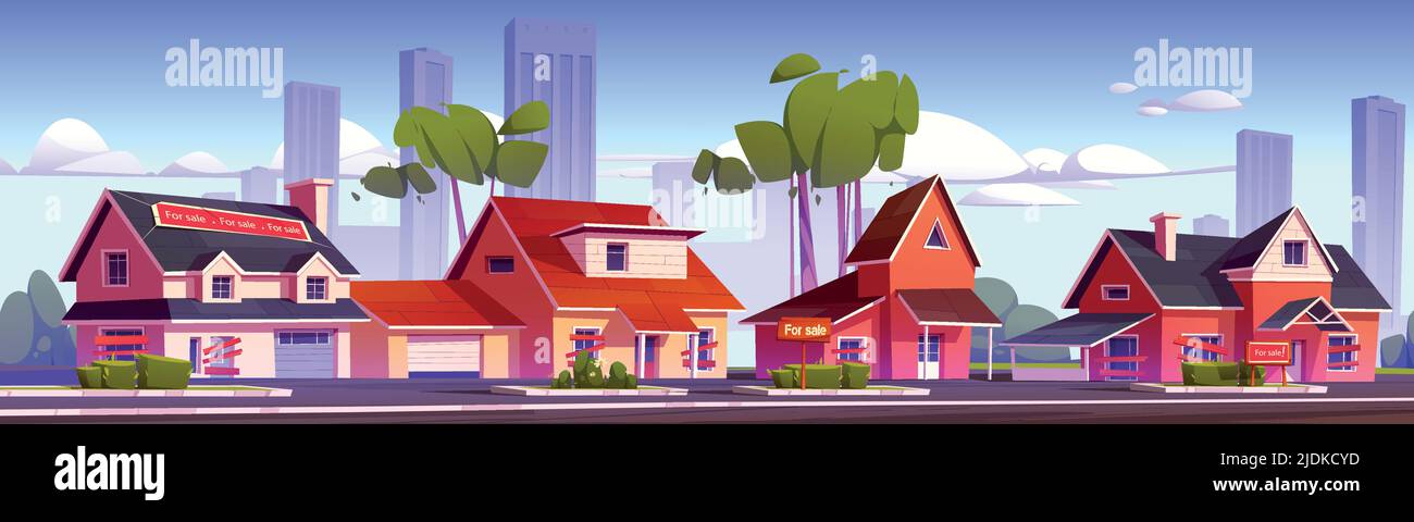 Street in suburb district with residential houses and city on skyline ...