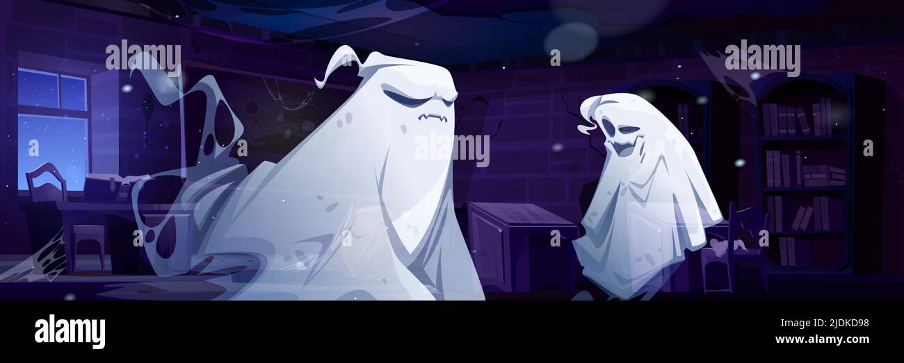Spooky ghosts in old magic school classroom at night. Halloween ...