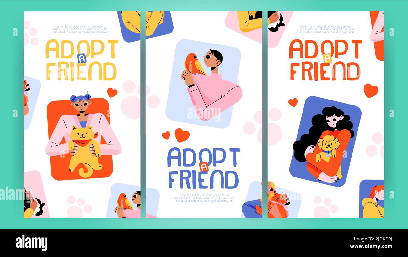 Adopt a friend banners. People hug pets, animal adoption concept with ...
