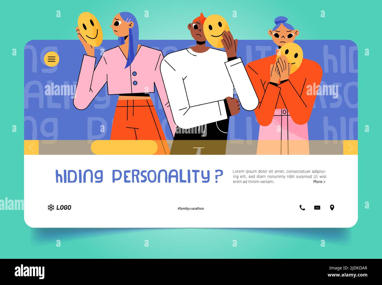 Hiding personality landing page with sad people disguise faces behind ...