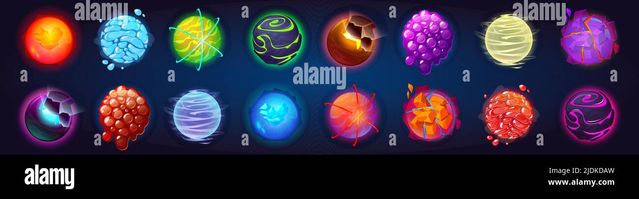 Fantasy alien planets for ui space game. Vector cartoon icons set of ...