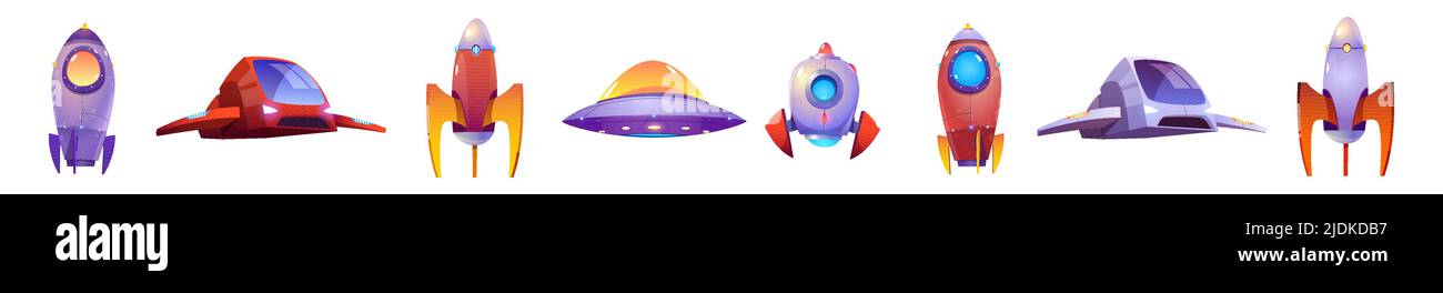 Alien spaceship game icons vector set. Funny rockets, ufo shuttles ...