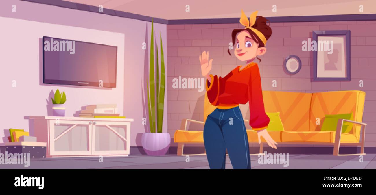 Woman in living room with couch, tv set and stand with books. Vector ...