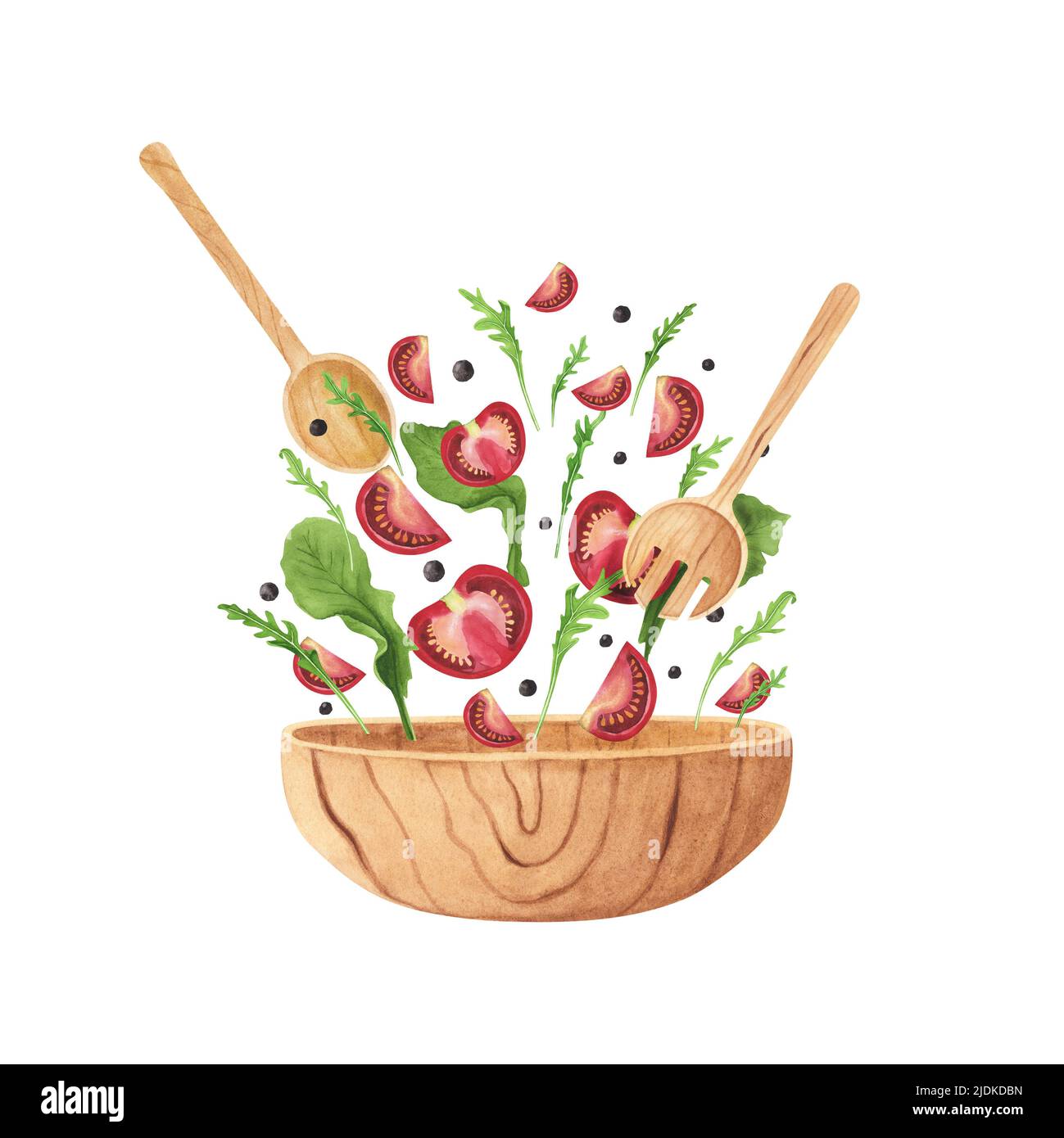 Arugula, Ripe tomatoes, fresh salad watercress, wooden plate bowl and ...