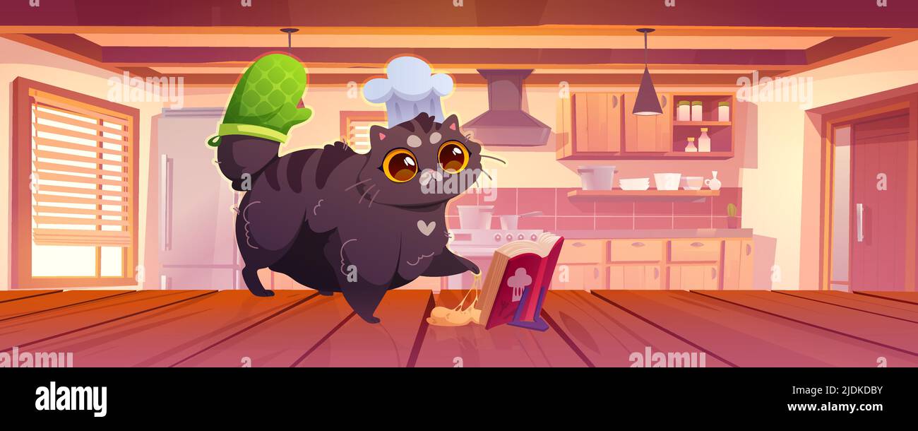 Funny cat cooking on kitchen interior. Cute kitten cartoon character ...