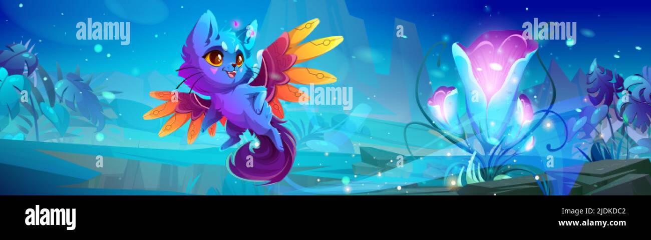 Cute monster cat on alien or fantasy planet landscape. Cartoon funny ...