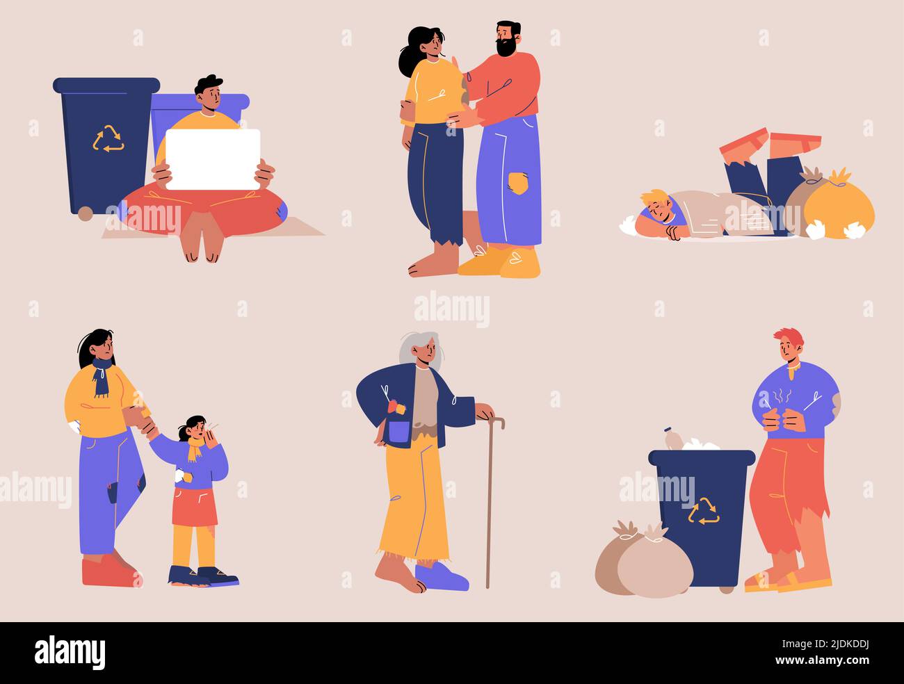 Set of homeless people, beggars male and female characters with banner ...