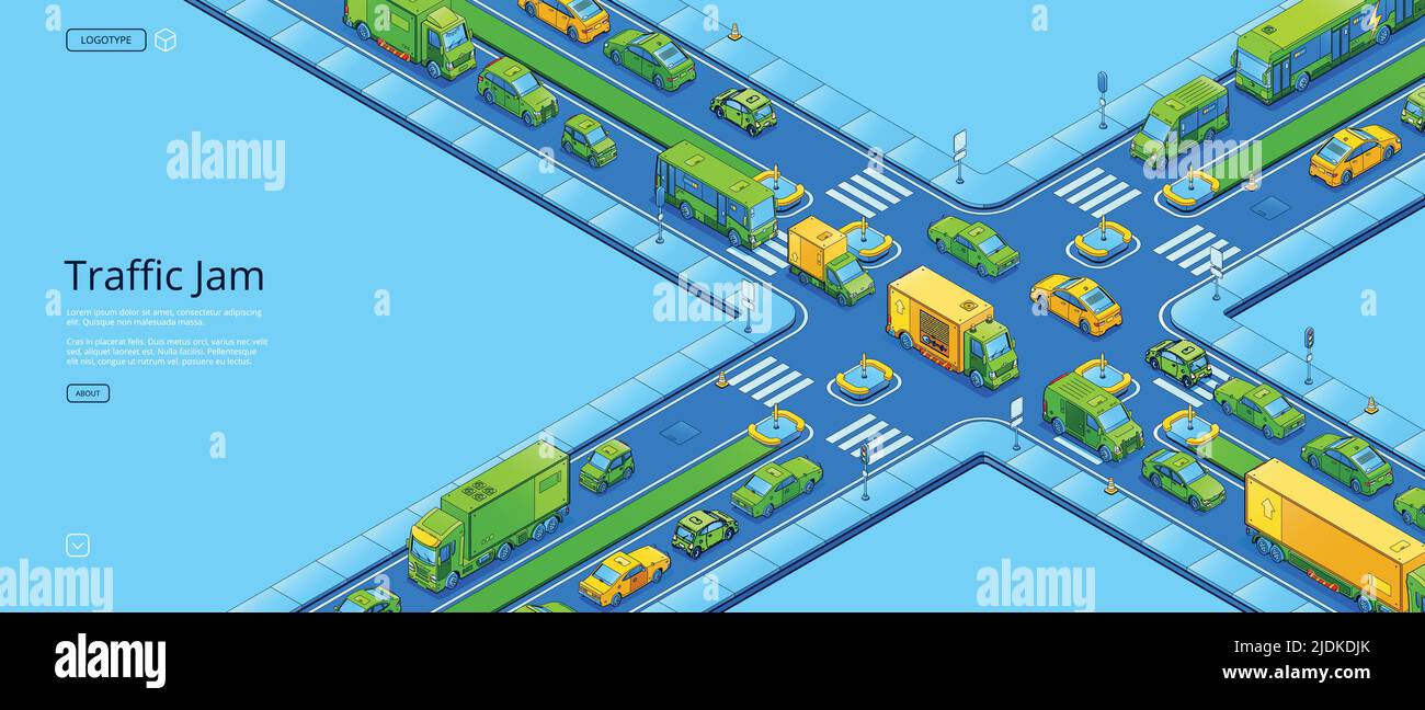 Traffic jam isometric web banner, city crossroad with cars at rush hour ...