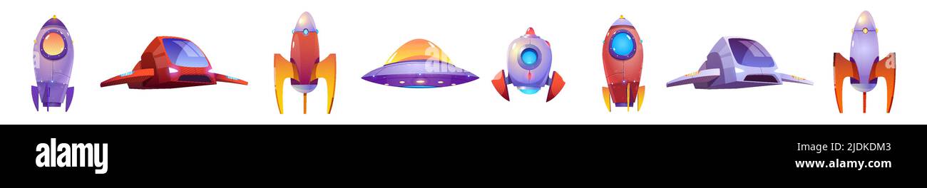 Alien spaceship game icons vector set. Funny rockets, ufo shuttles ...