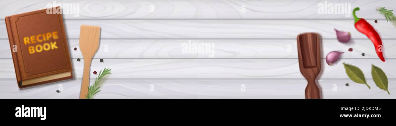 Recipe book on wooden table background. Banner with cookbook and ...