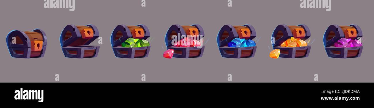 Treasure chests closed, open with colour gems. Vector cartoon ...