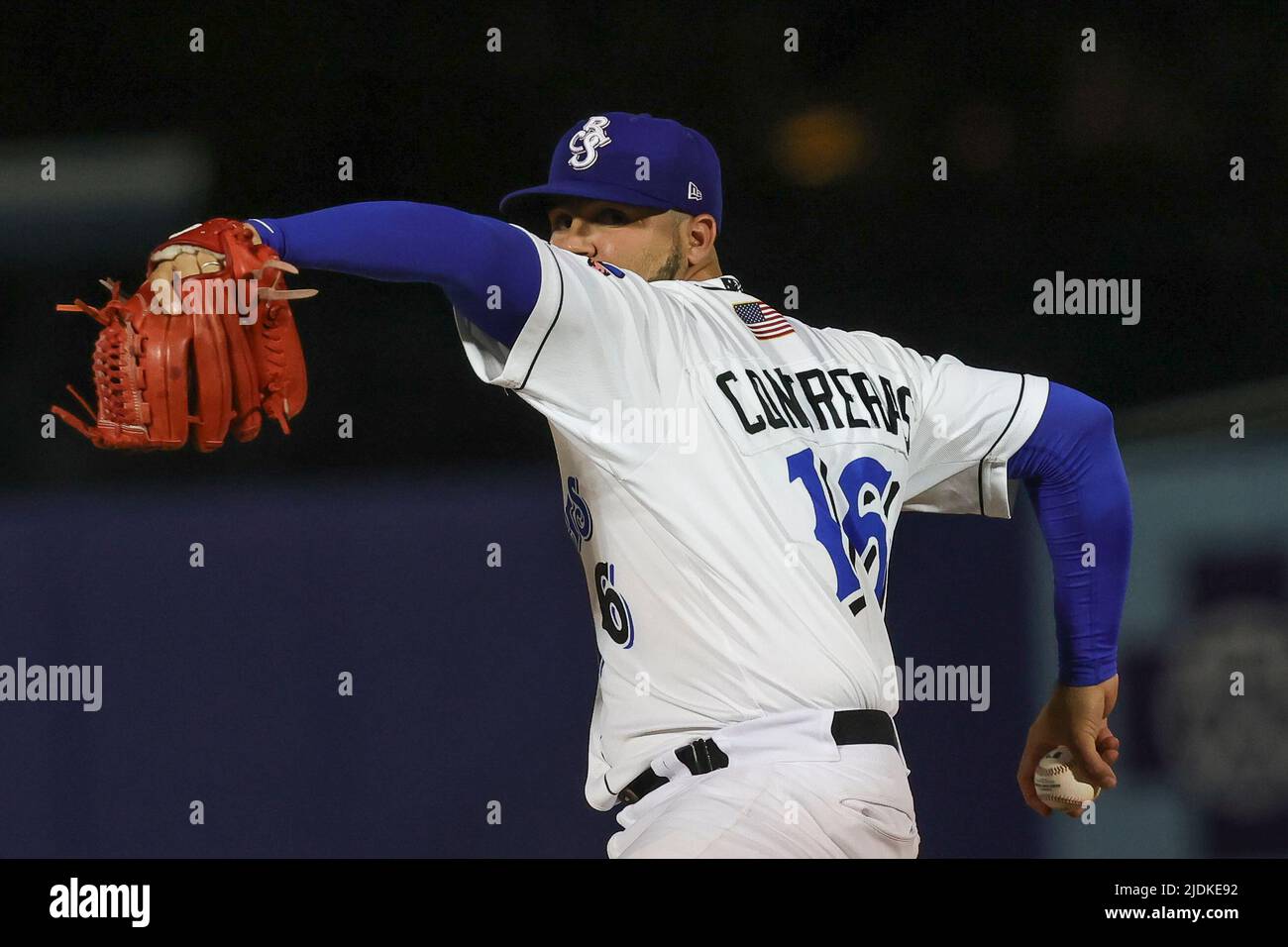 Biloxi, Mississippi, USA. 21st June, 2022. Biloxi Shuckers pitcher Luis ...