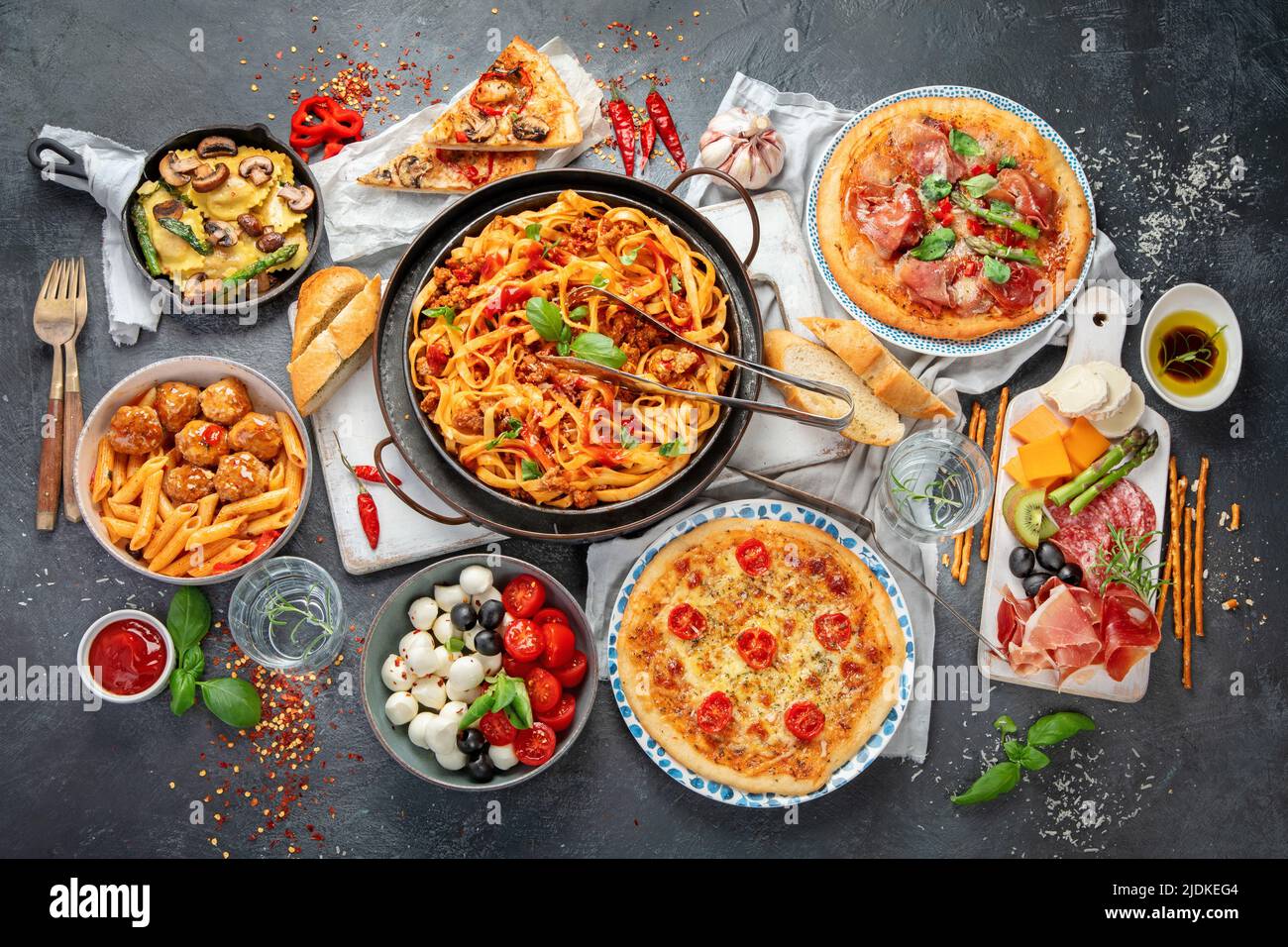 Italian food assortment on dark background. Traditional food concept ...