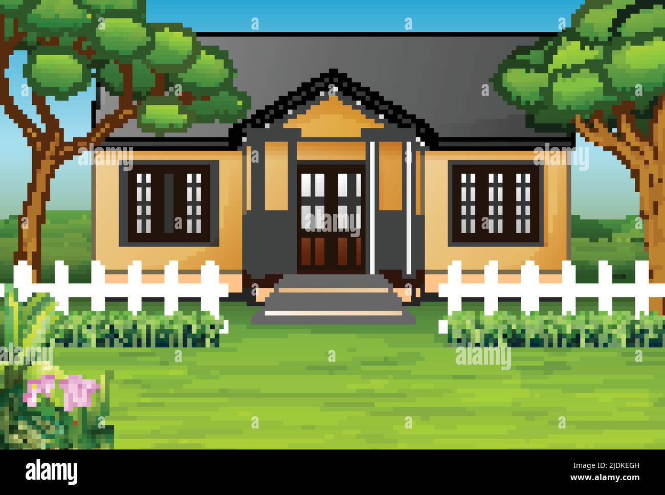 Cartoon house with green yard and wooden fence Stock Vector Image & Art ...
